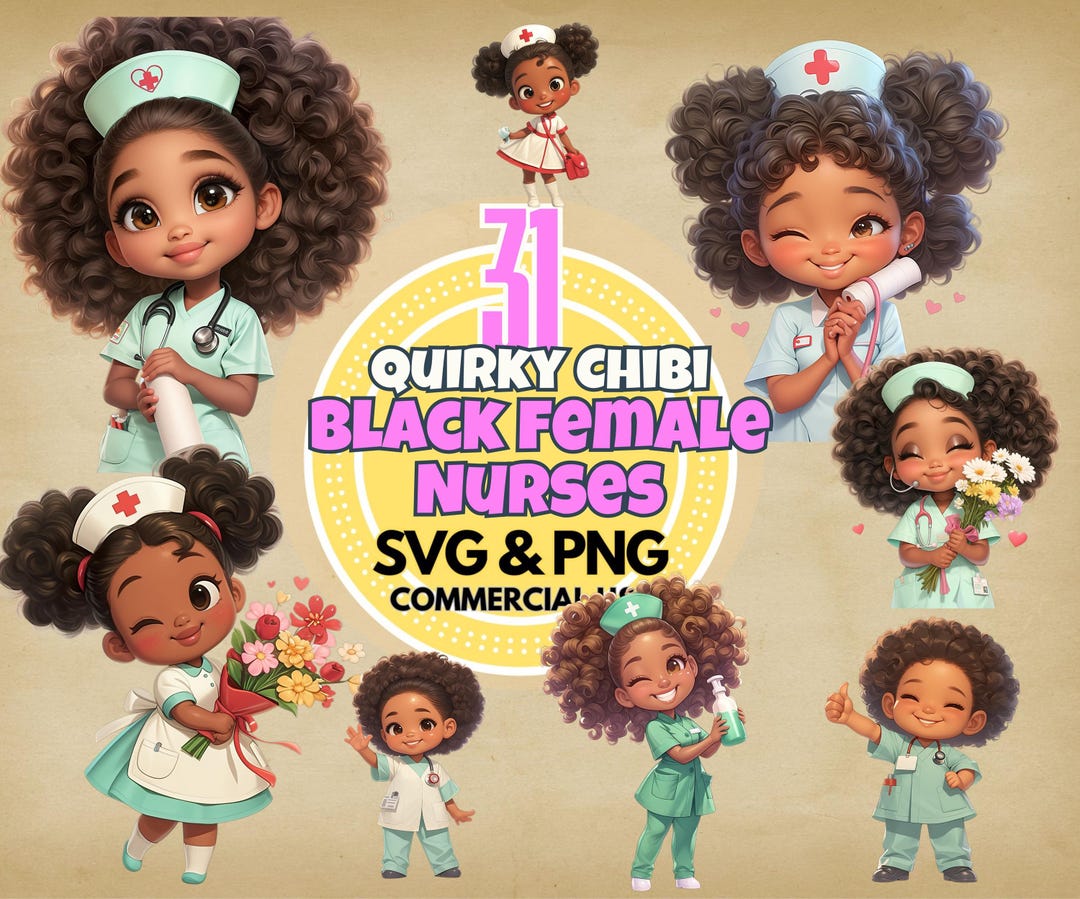 Chibi Nurse Clipart Bundle Black Nurse Illustrations Digital Download ...