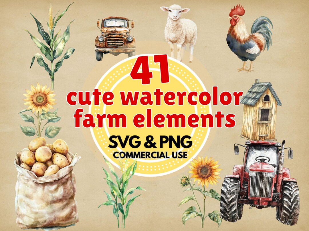 Farm Animals Watercolor Clipart Bundle Cute Png and Svg Barnyard ...