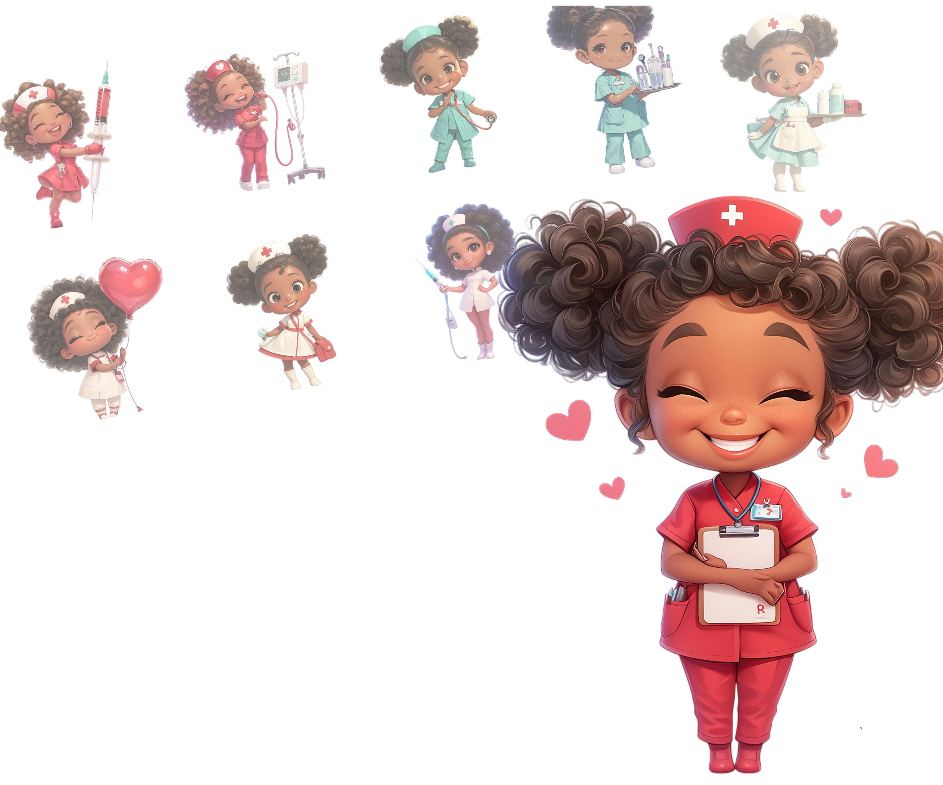 Chibi Nurse Clipart Bundle Black Nurse Illustrations Digital Download ...