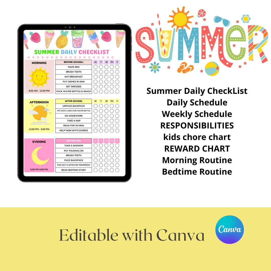 Editable Summer Bundle Screen Time Checklist Daily Routine - Etsy