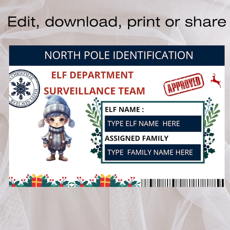 Elf ID Card Printable Template Mini Elf License Badge Surveillance Team ...