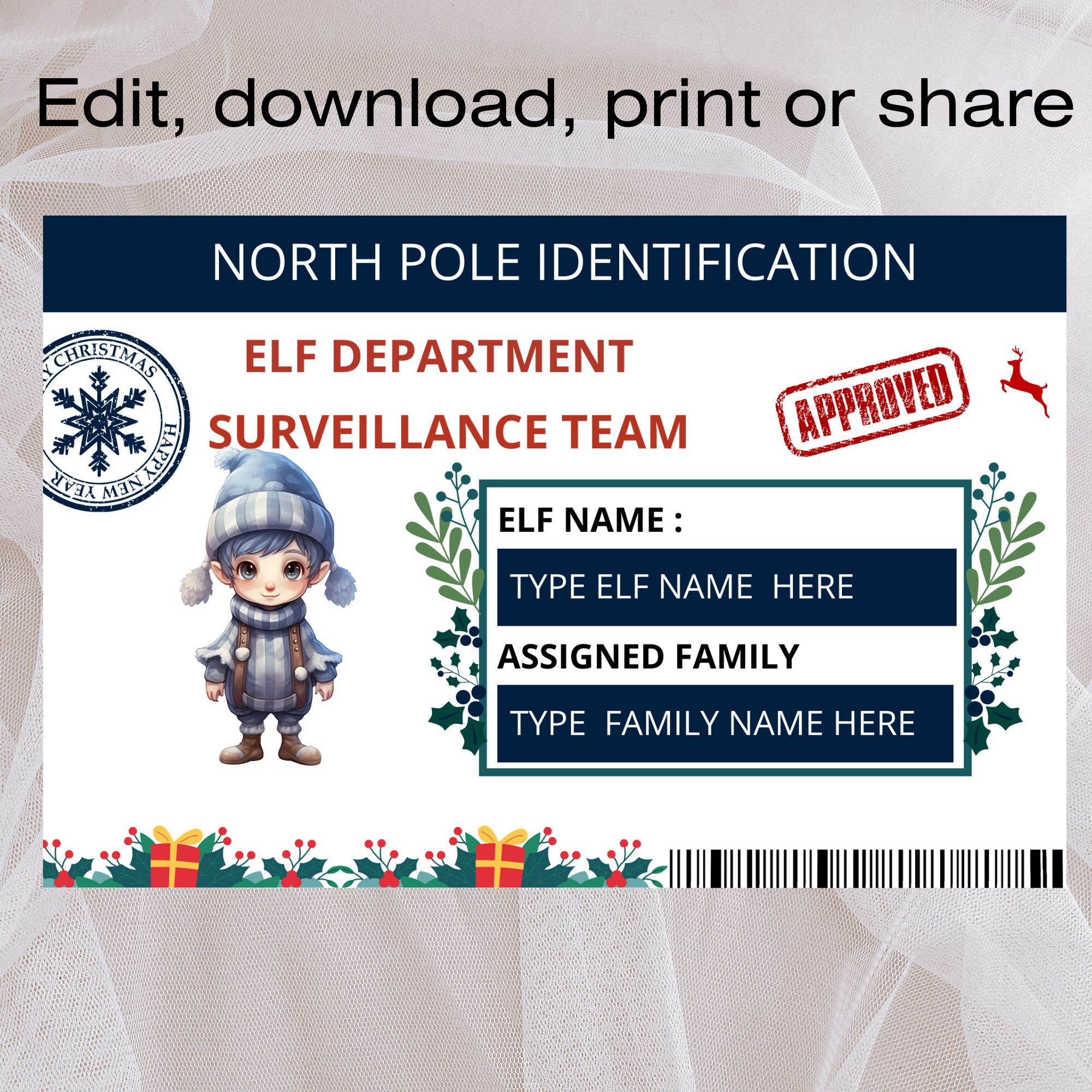 Elf ID Card Printable Template Mini Elf License Badge Surveillance Team ...