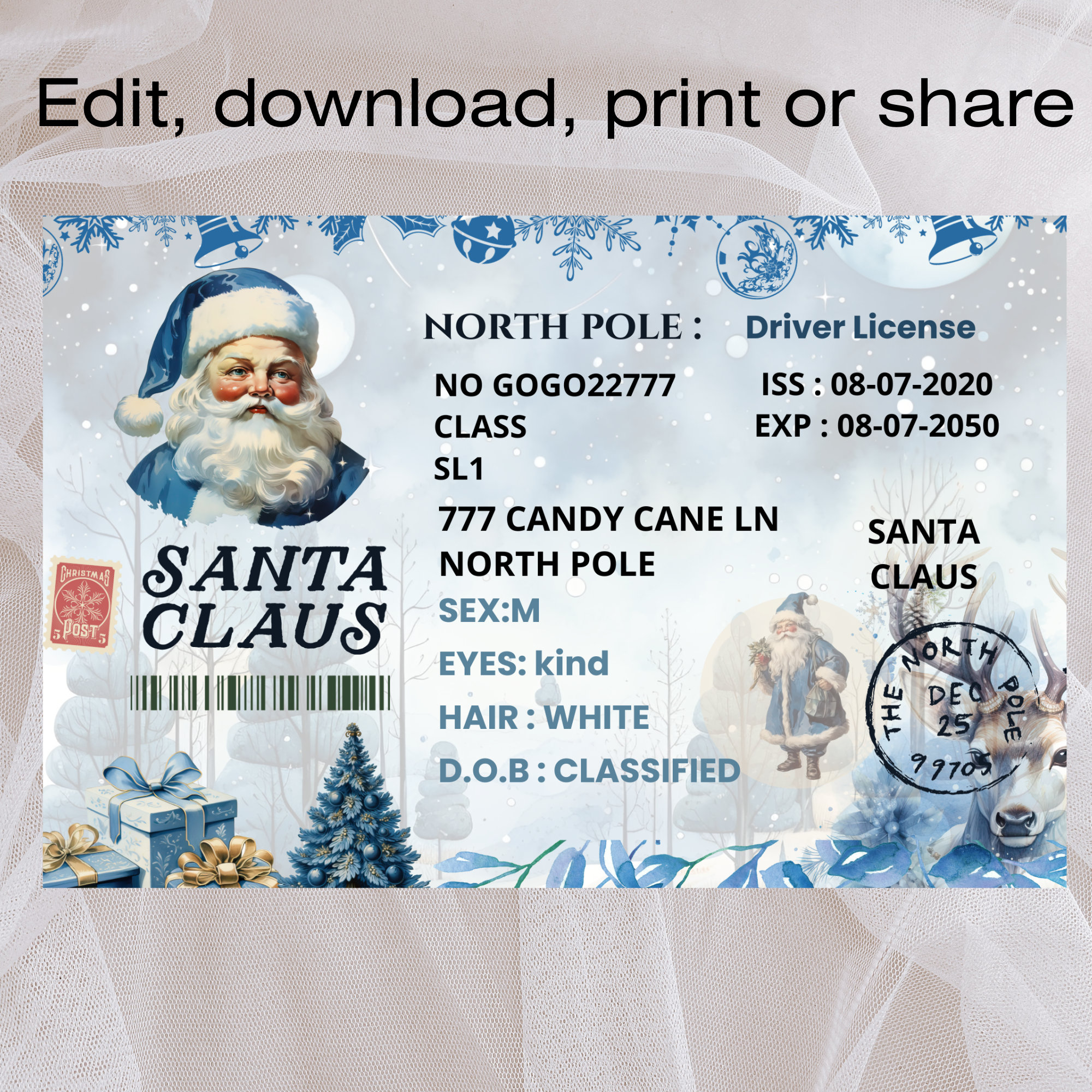 Printable Santa Claus License, Sublimation Designs, Christmas Canva ...