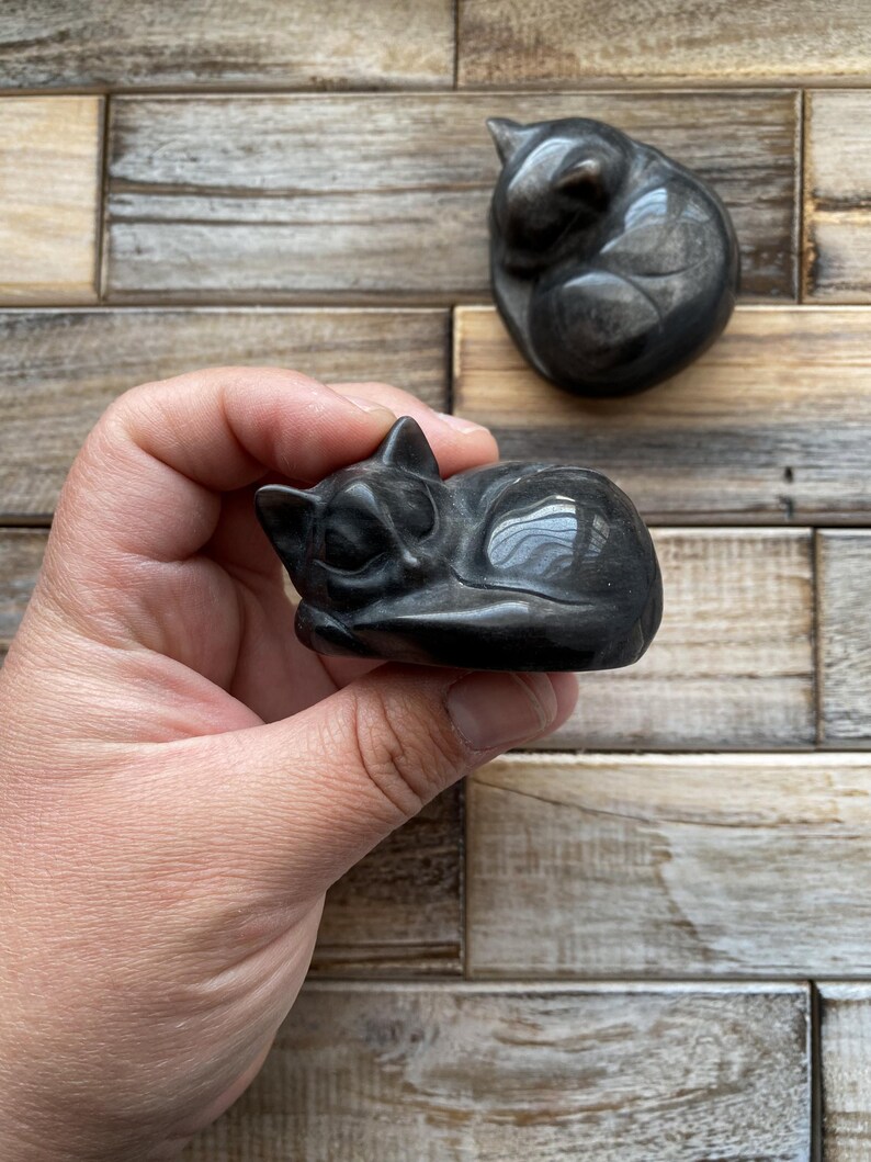 Silver Sheen Obsidian Sleeping Cat (1) | With Imperfections | One ...