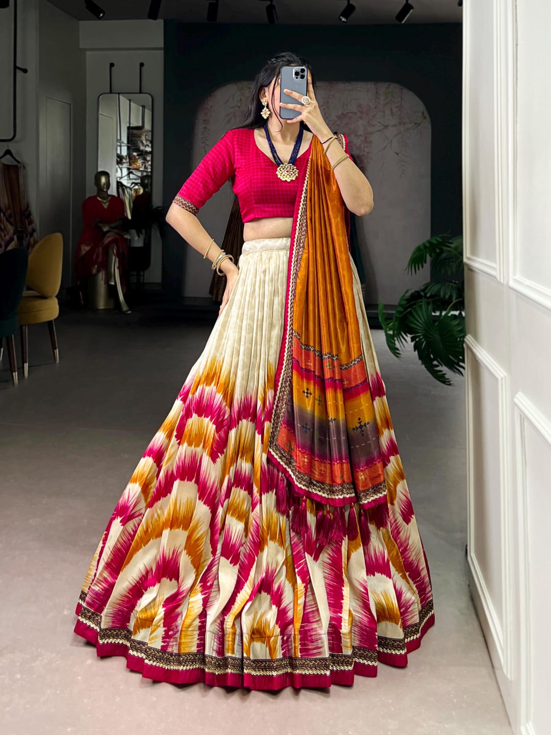 Red Color Tie and Dye Printed Tasar Silk Lehenga Choli - Etsy