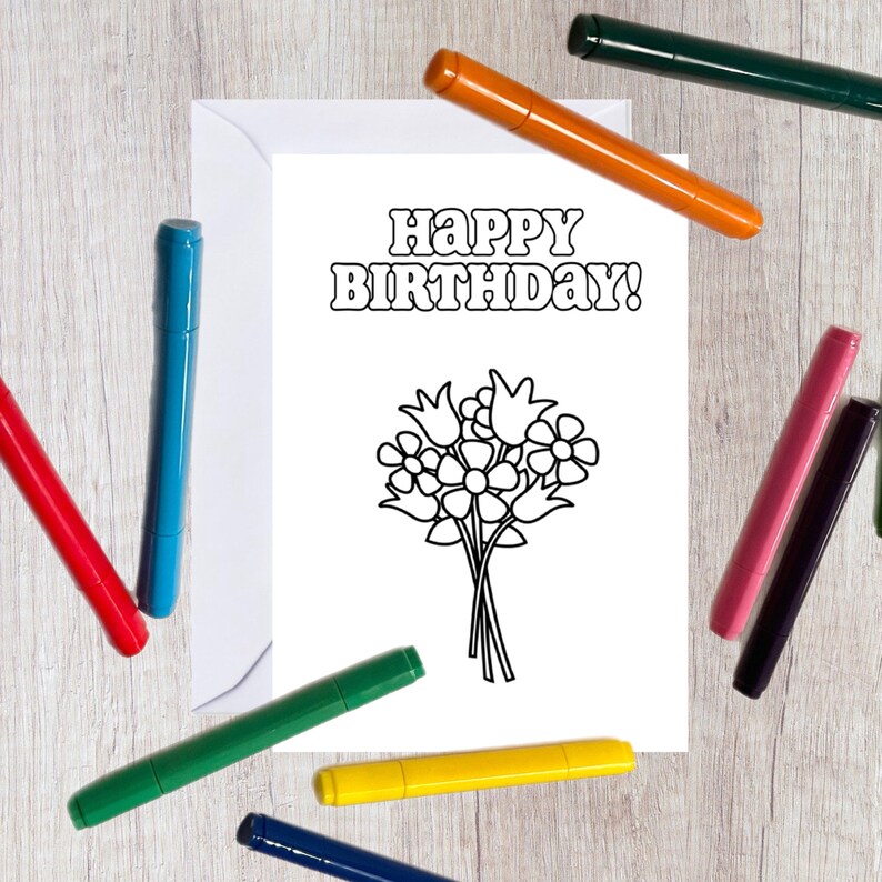 PRINTABLE Happy Birthday Card, Birthday Bouquet, Color Your Own Card ...