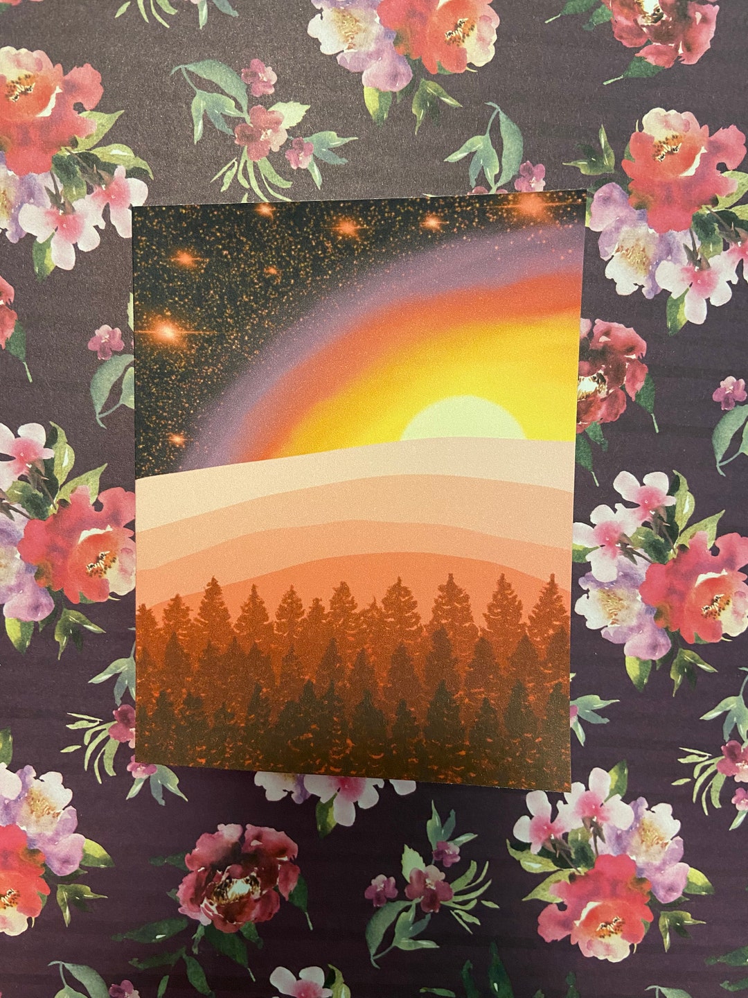 Red Forest With Sunset and Night Sky Greeting Card With Sentiment - Etsy