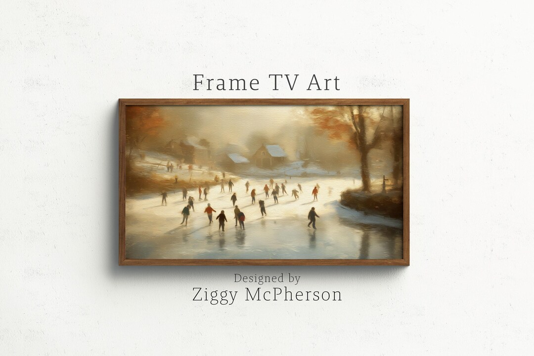 Vintage Winter Ice Skating Samsung Frame TV Art, Cozy Holiday Landscape ...