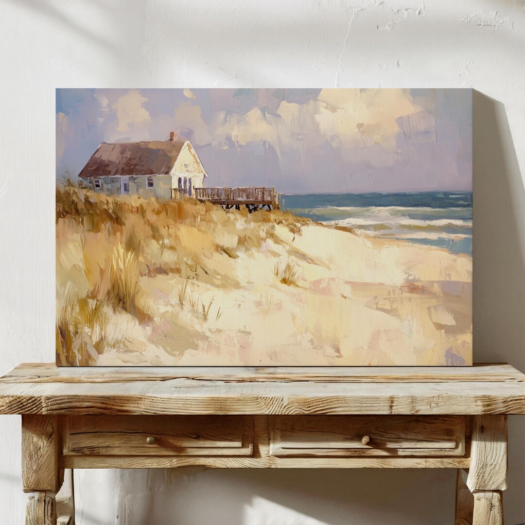 Vintage Coastal Beach Scene | Shore Painting | Rustic Cottage Summer ...