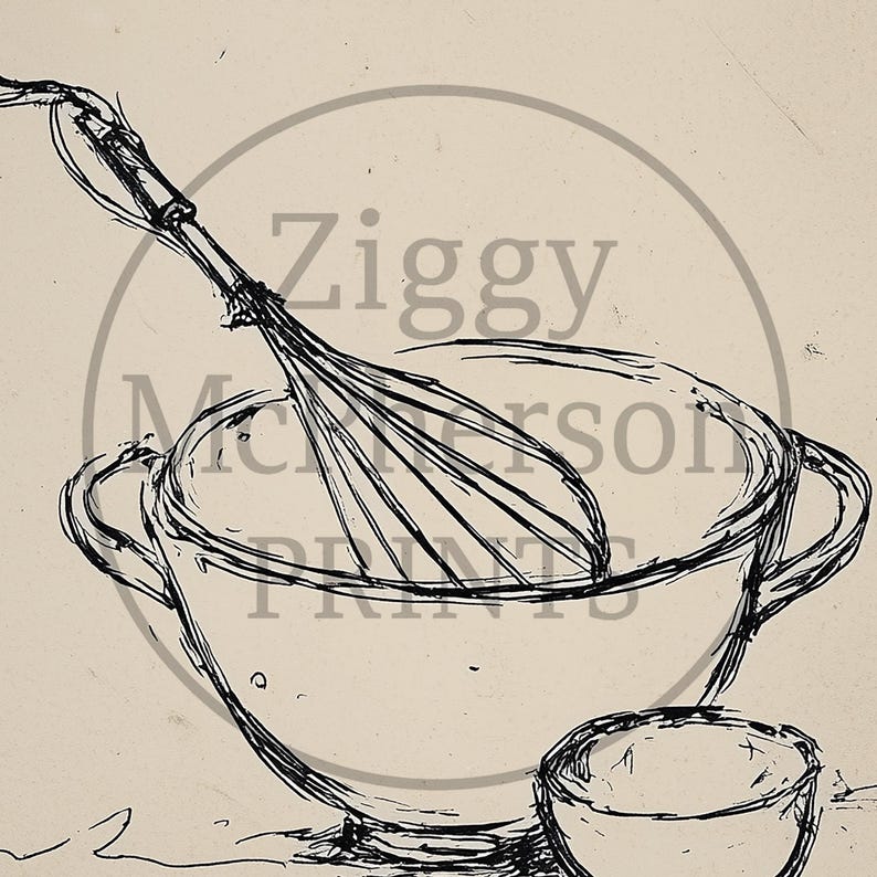 Vintage Kitchen Sketch Print: Rustic Whisk and Bowl Art (digital ...