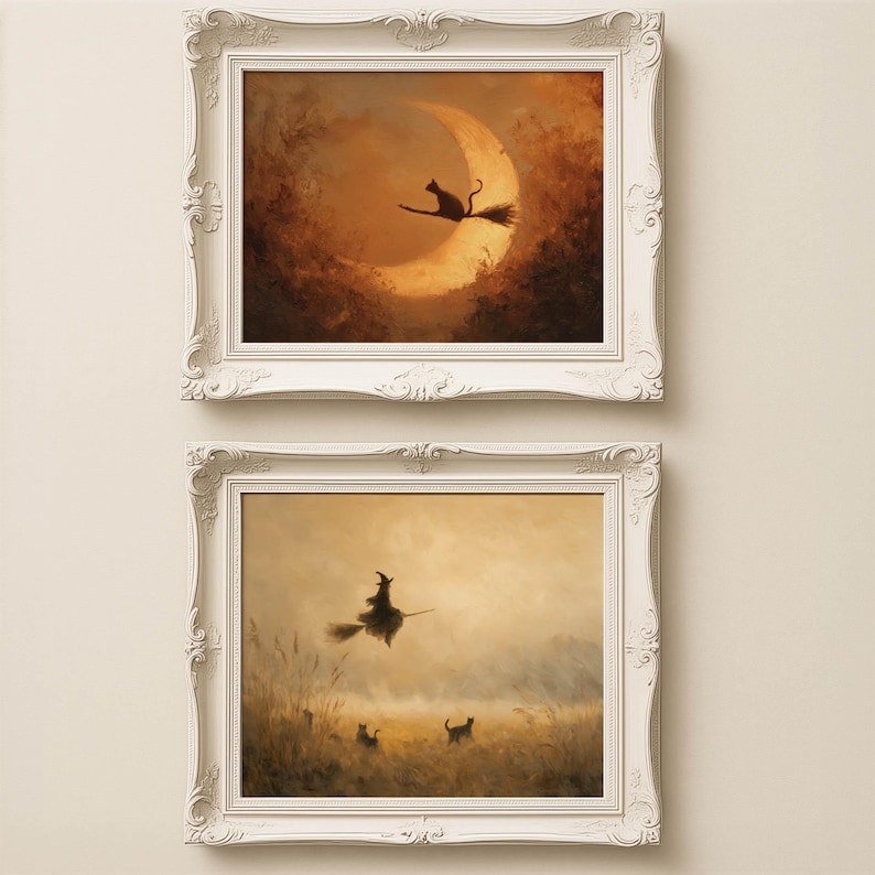 Vintage Halloween Witch & Cat Art Prints | Bundle of 8 Spooky Fall ...