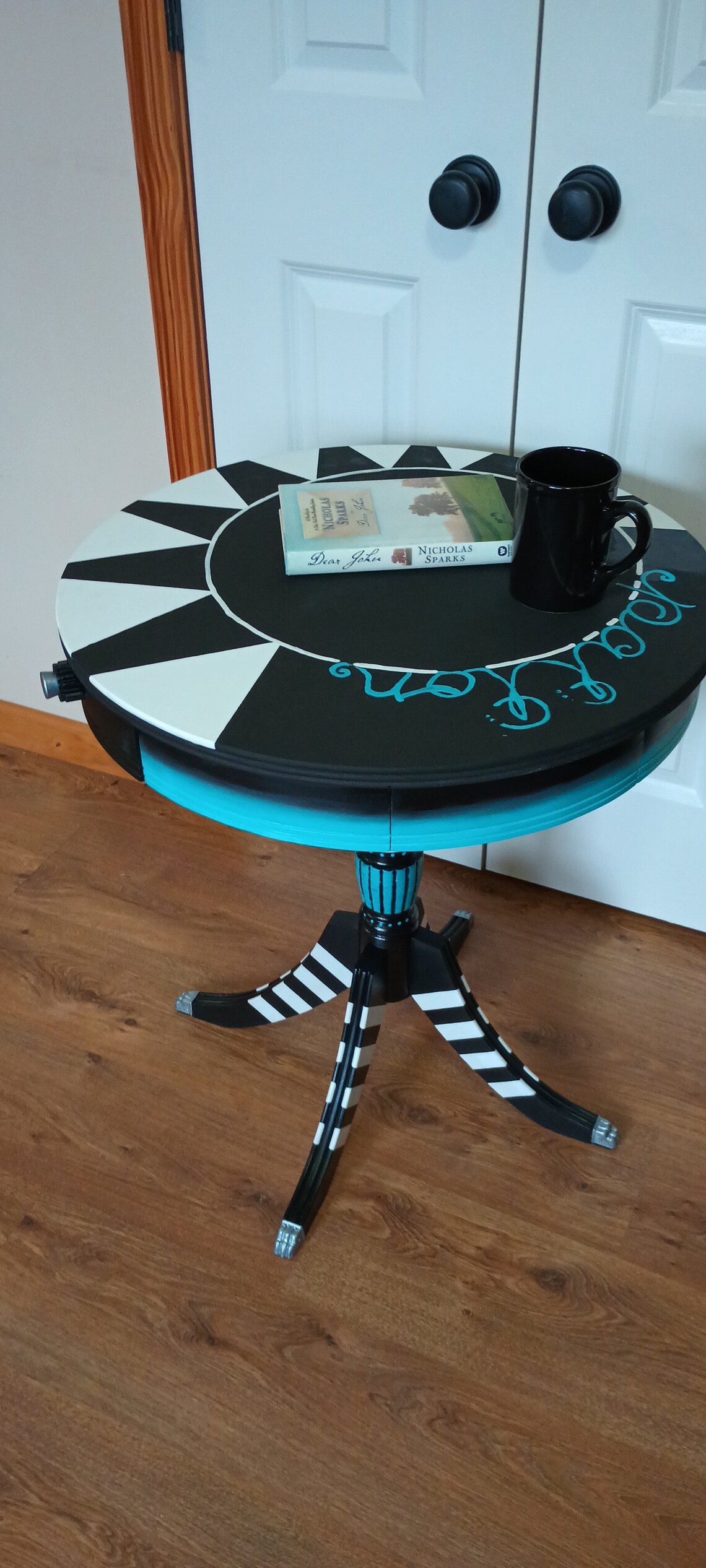 Vintage Whimsical Hand Painted Round Table, Black and White Accent ...