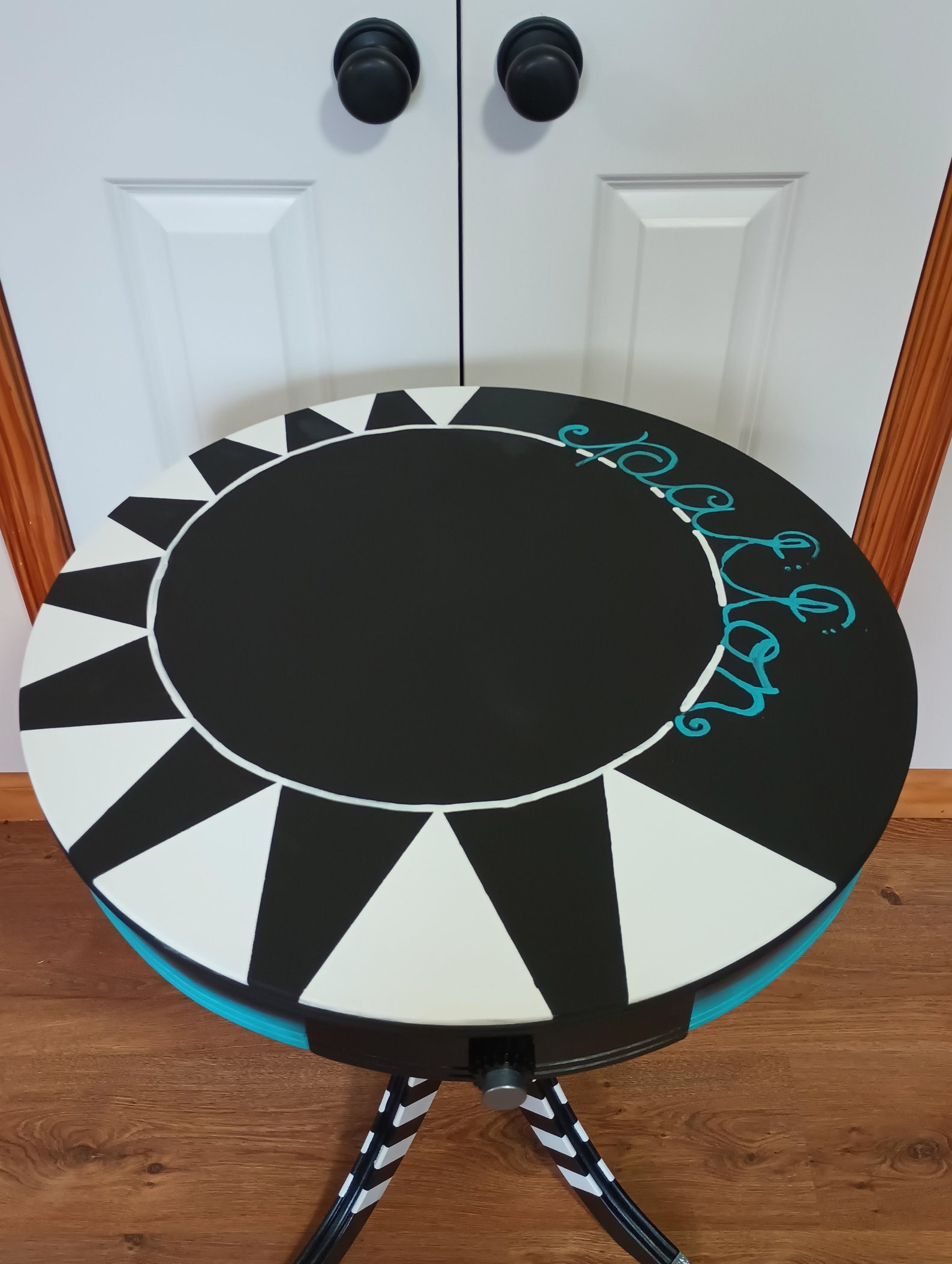 Vintage Whimsical Hand Painted Round Table, Black and White Accent ...