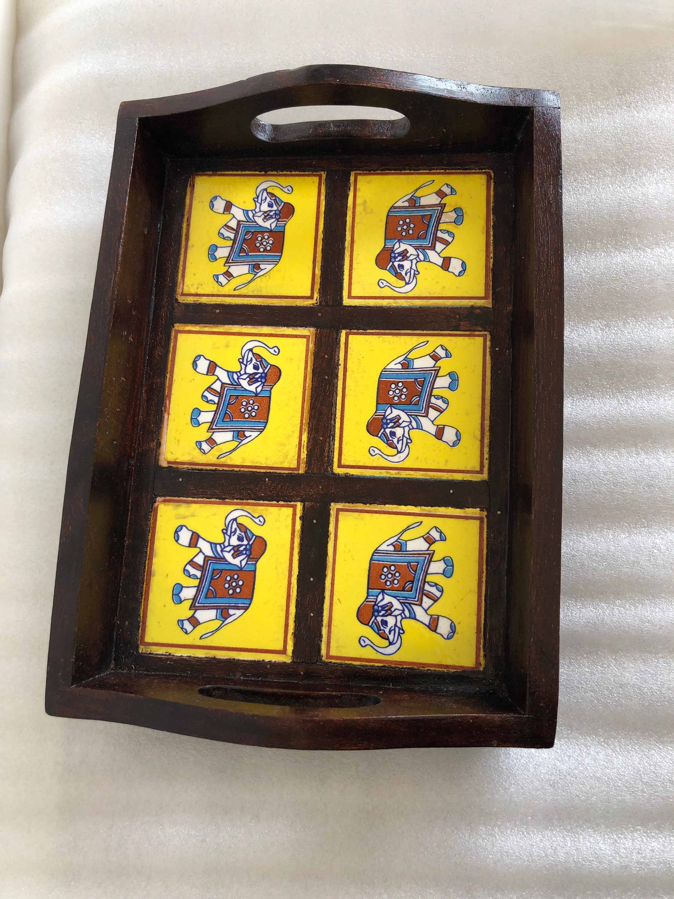 Yellow Tile Tray With Elephant Design, Decorative Serving Tray, Wooden ...