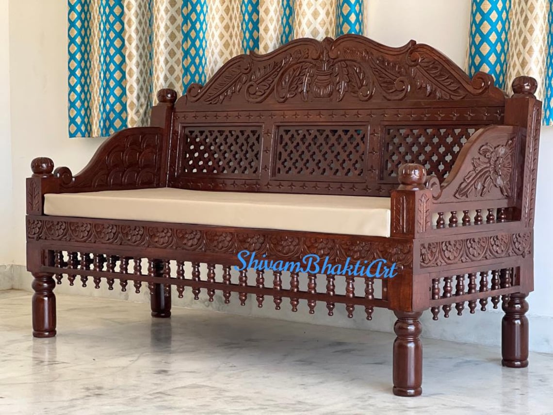 Indian Solid Teak Wood Diwan/ Wooden Sofa/ Indian Fine Carved Diwan ...