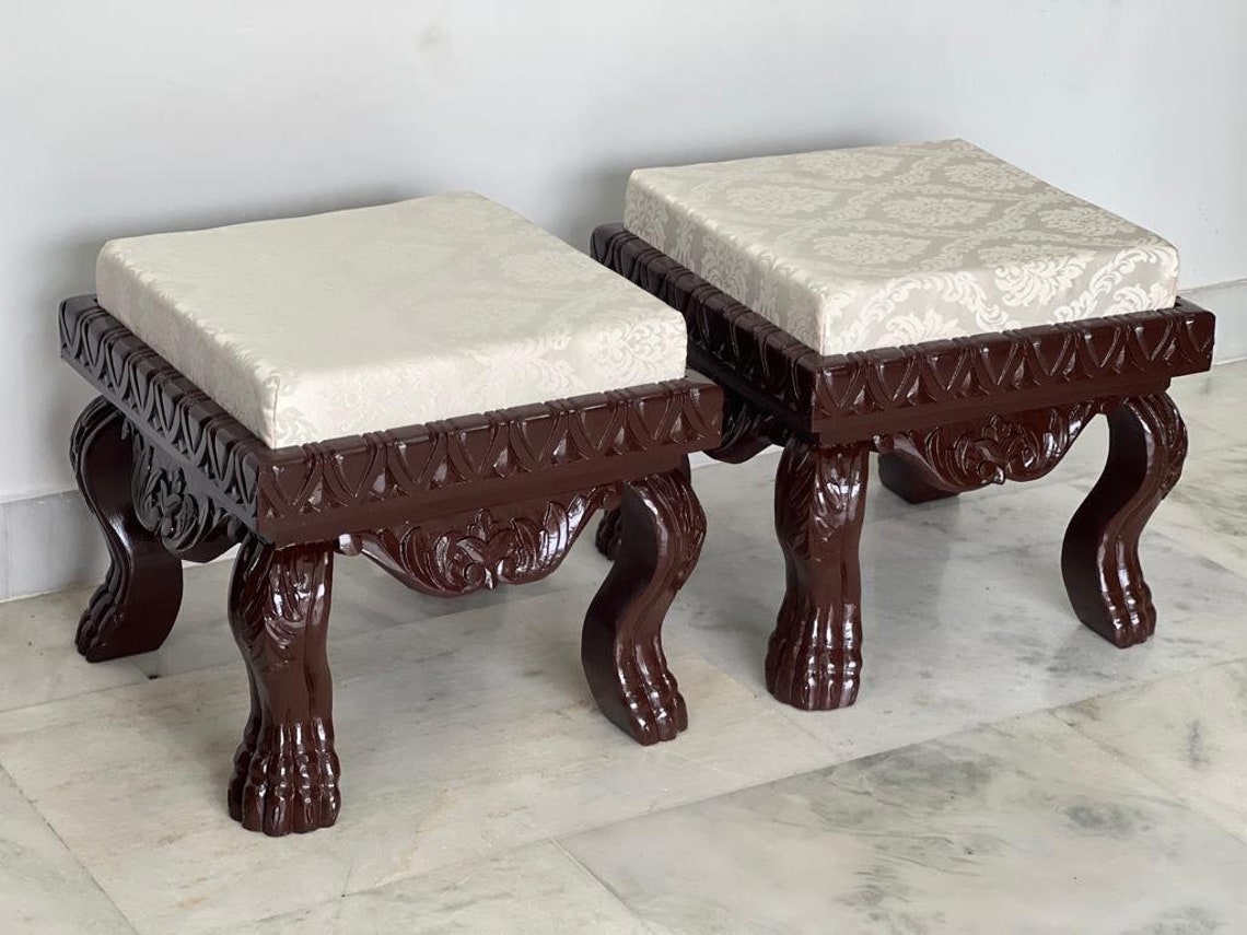Handmade Teak Wooden Fine Carved Stool Set With Cushion Top, Indian Low ...