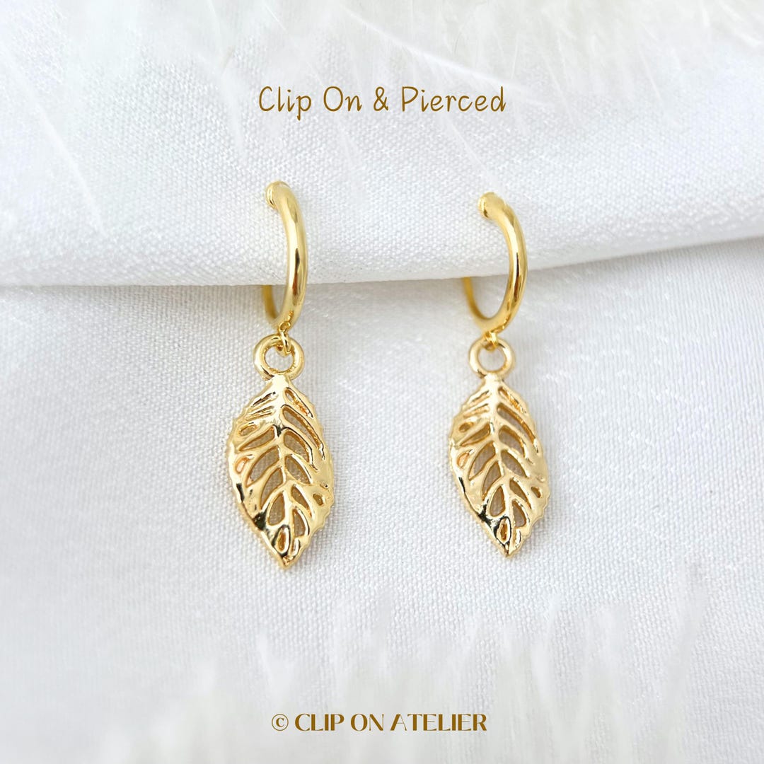 Clip on Earrings Minimalist Gold Hoop Boho Leaf Huggies Dainty Drop Clipon | Non Pierced Ears No ...
