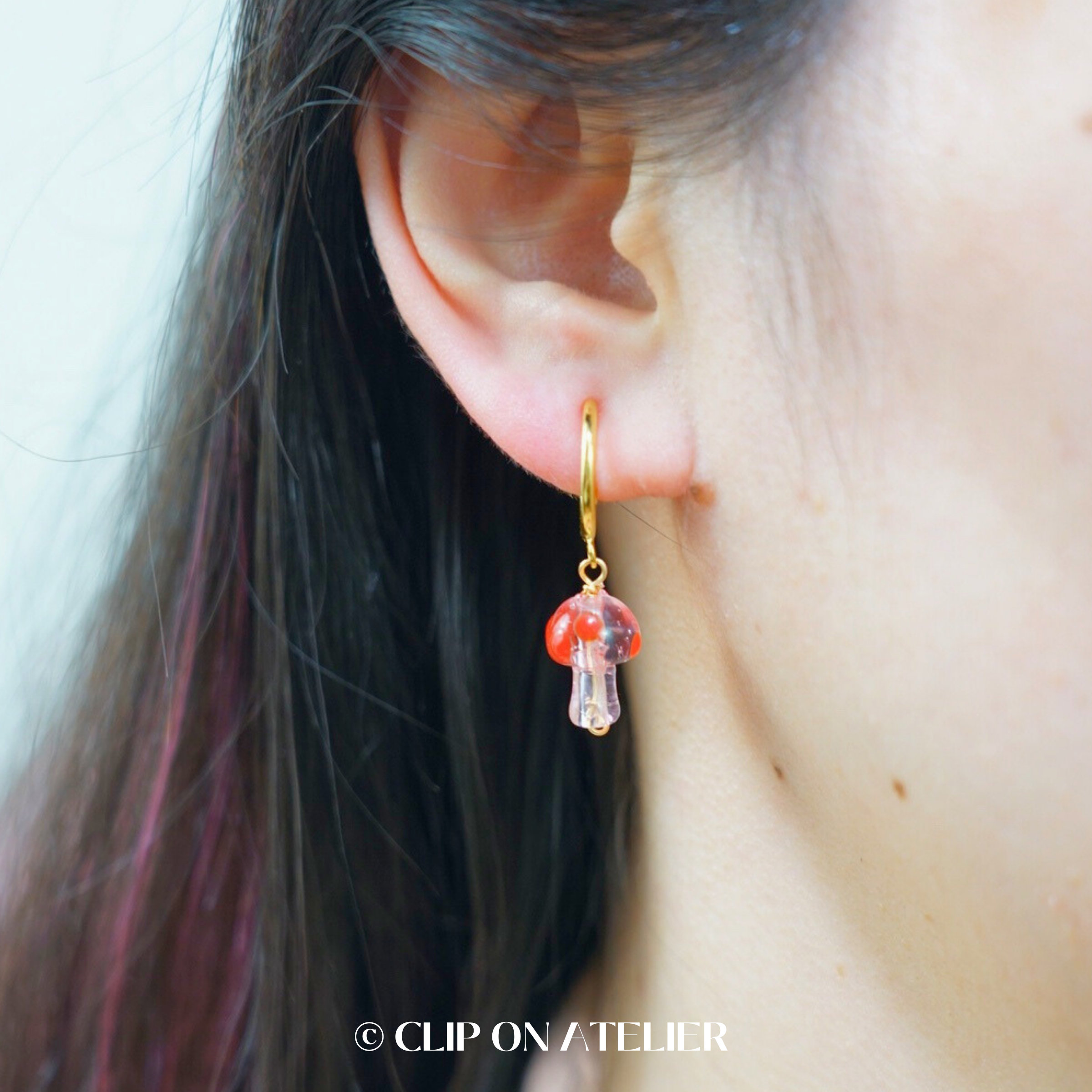 Clip on Earrings Mushroom Minimalist Gold Hoop Pink Red Cute | Boho ...