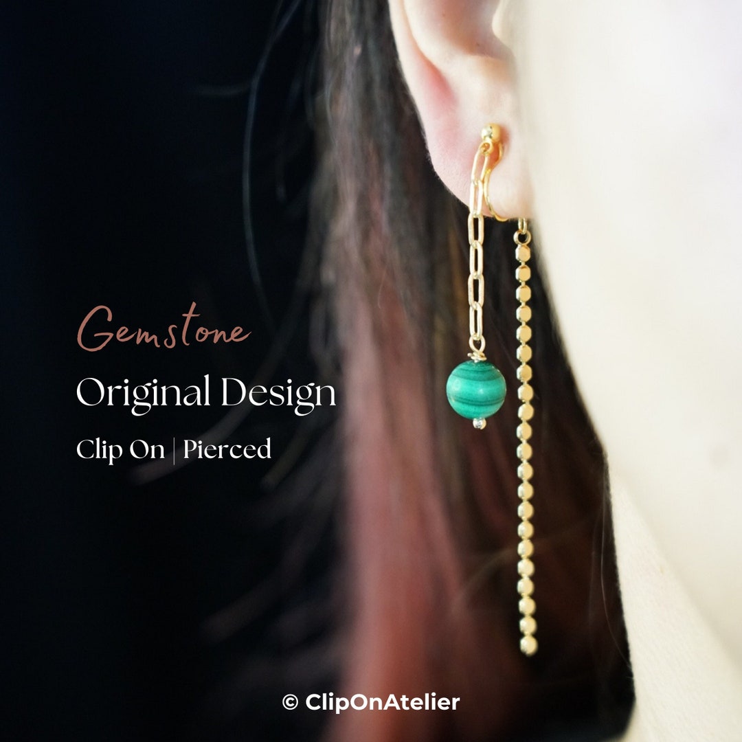Clip on Earrings Malachite Gold Dangle Threader Non Pierced Ears Pain ...