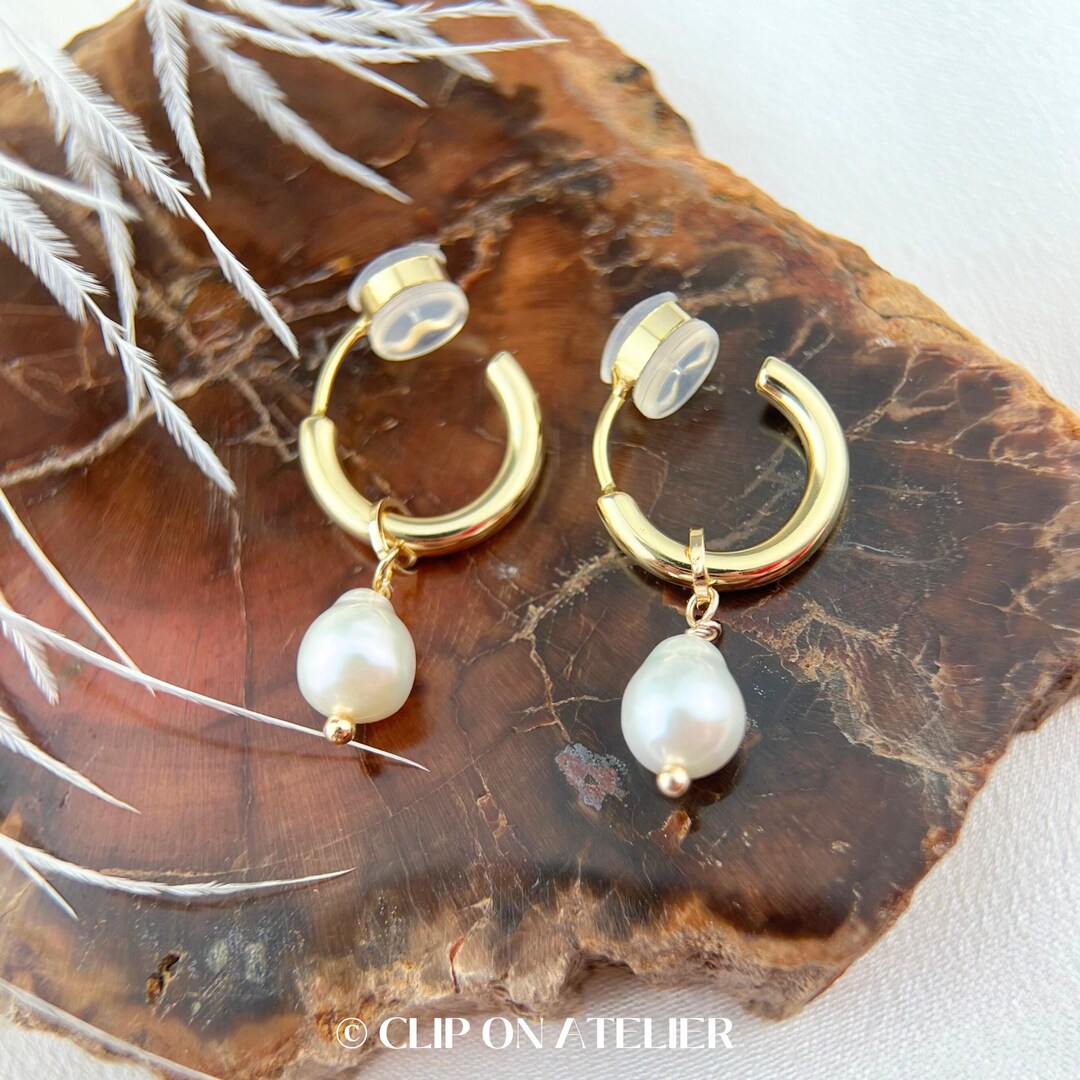 Clip on Earrings Natural Pearl Gold Hoop Minimalist Silver Huggies Ear ...