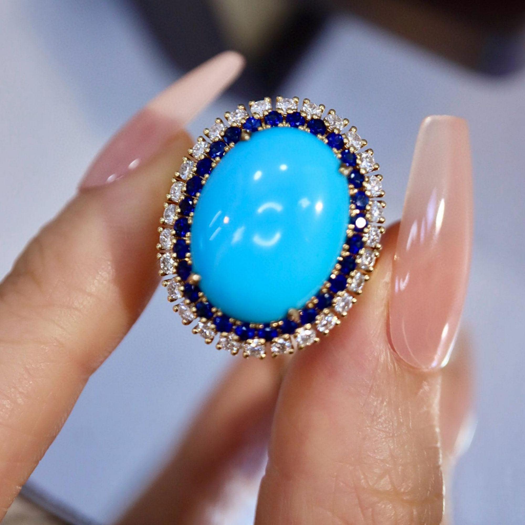 Unique Natural Chunky Turquoise Ring in 18k Solid Gold/diamond Halo ...