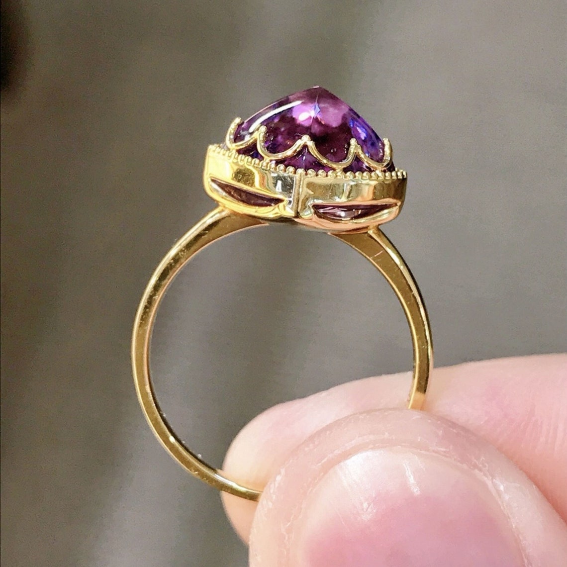 18k Rose Gold Pyramid Amethyst Ring/purple Amethyst Engagement Ring ...