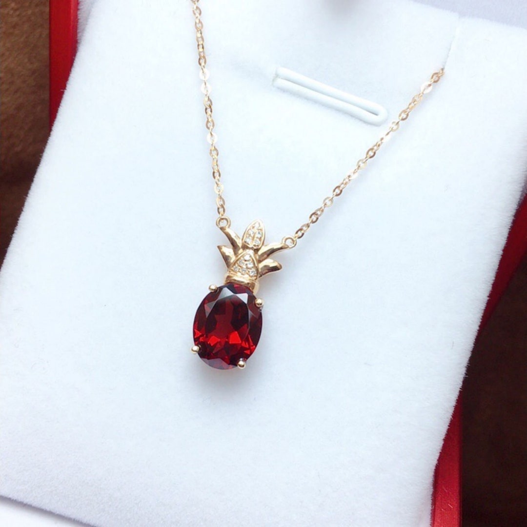 18k Solid Gold Natural Garnet Pendant/gold Emerald Cut Garnet Necklace ...