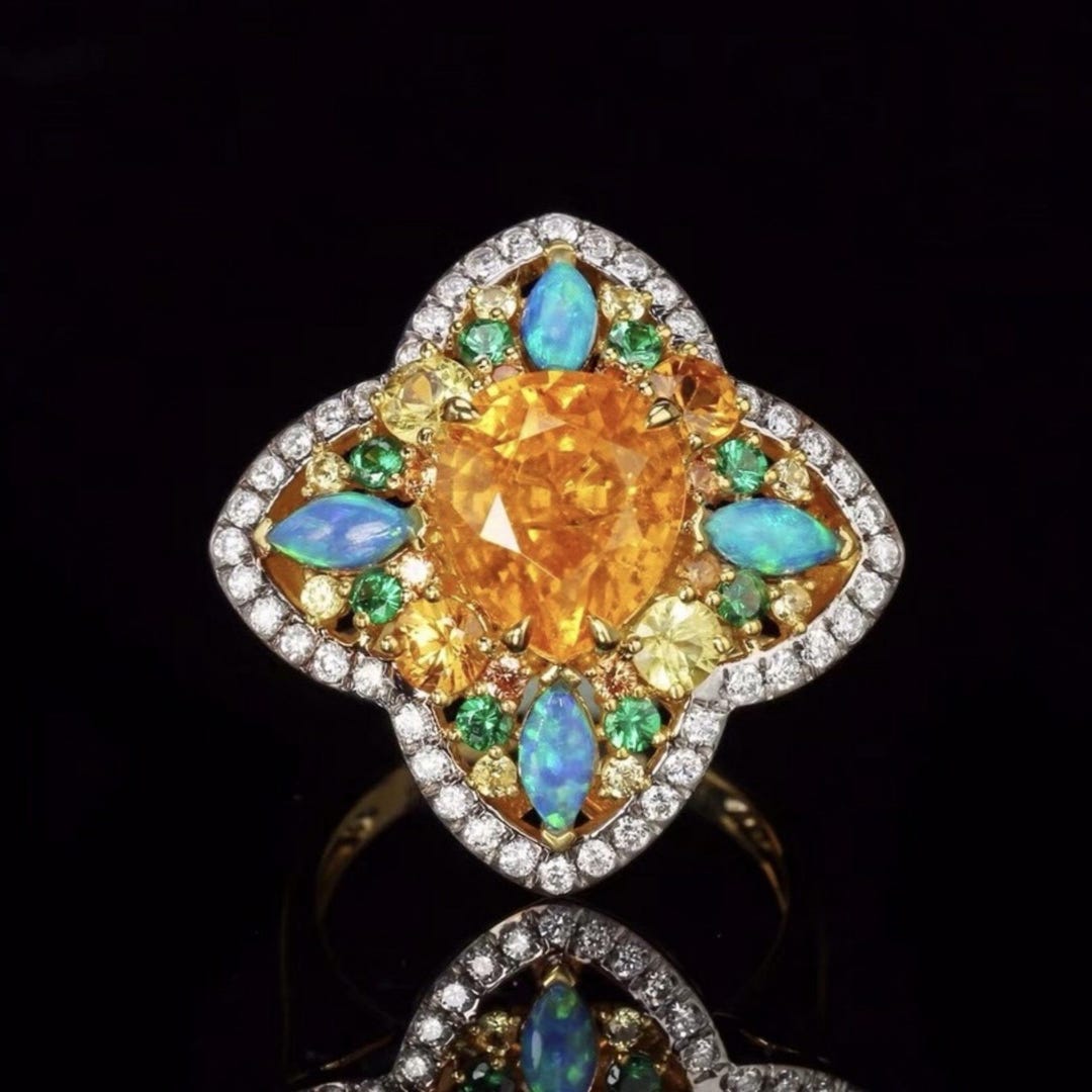 Luxury High End Natural Fanta Garnet Ring With Australian Opals/18k ...