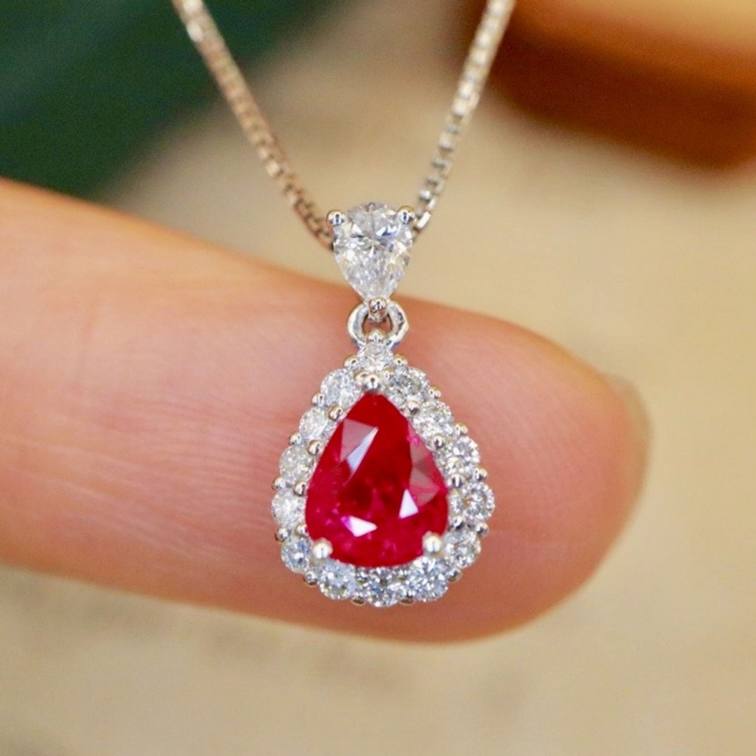 18k White Gold Pigeon Blood Red Natural Ruby Necklace/high End Pear ...
