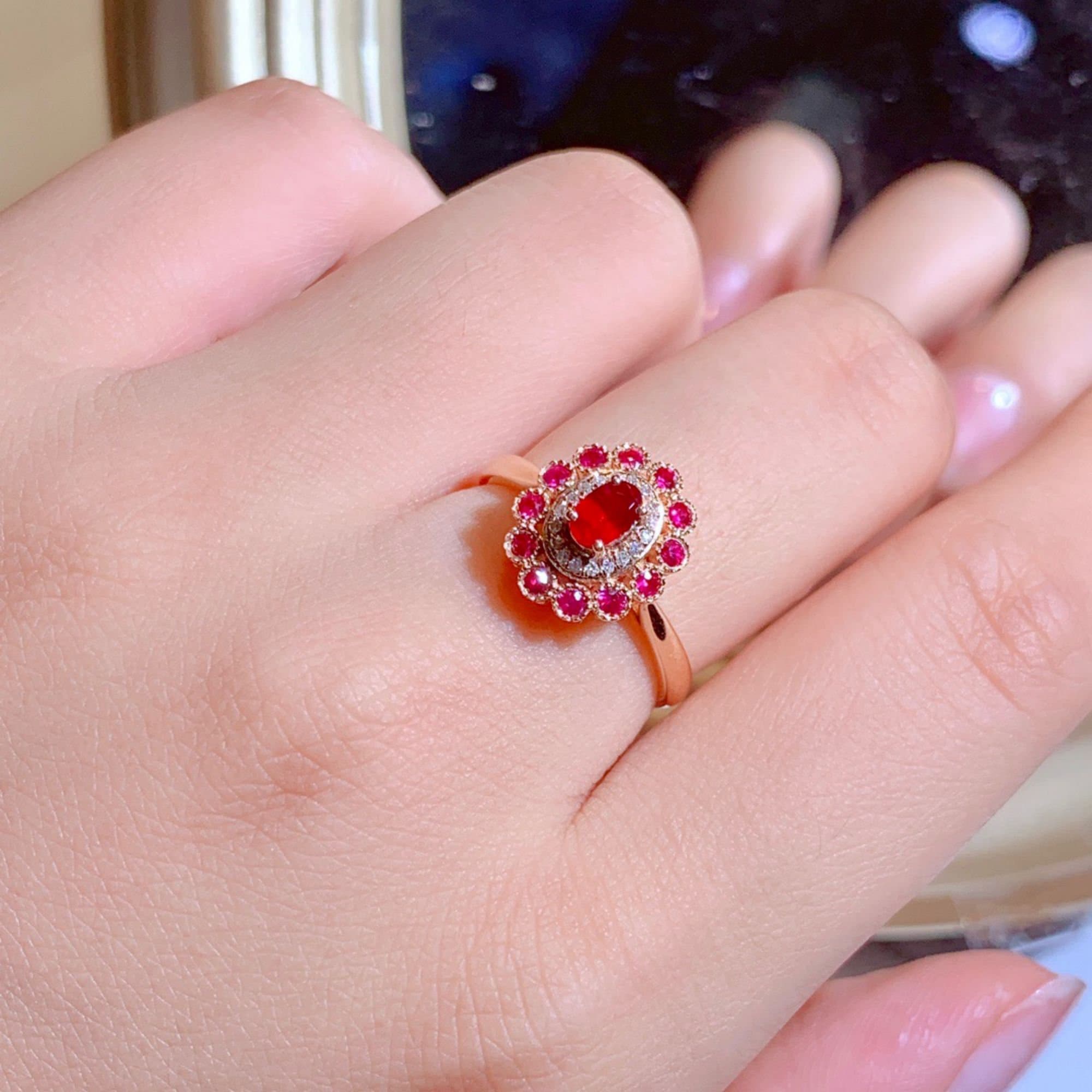 Cluster Real Ruby Ring, 18K Solid Gold Genuine Ruby Ring, Red Gemstone Ring for Women, July ...