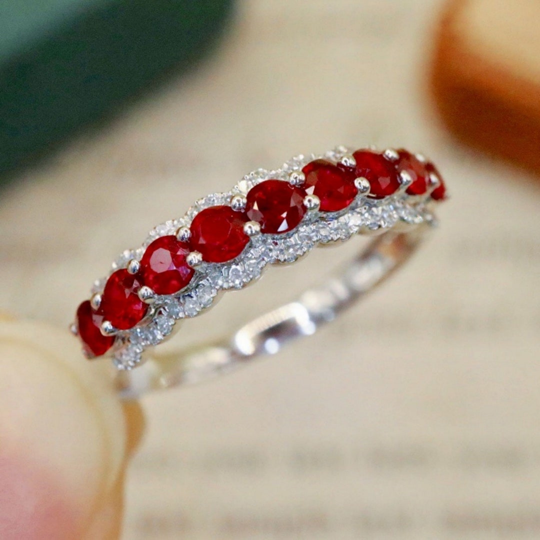 Real Ruby Band, 18K White Gold Genuine Ruby Wedding Ring, Red Gemstone ...