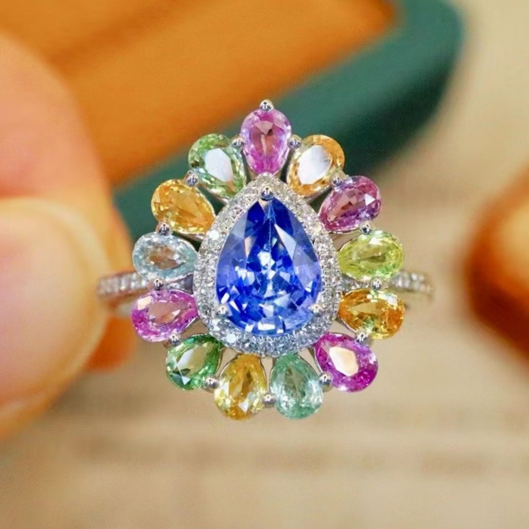 Multi-color Blue Sapphire Wedding Ring 18k White Gold/natural Colorful ...