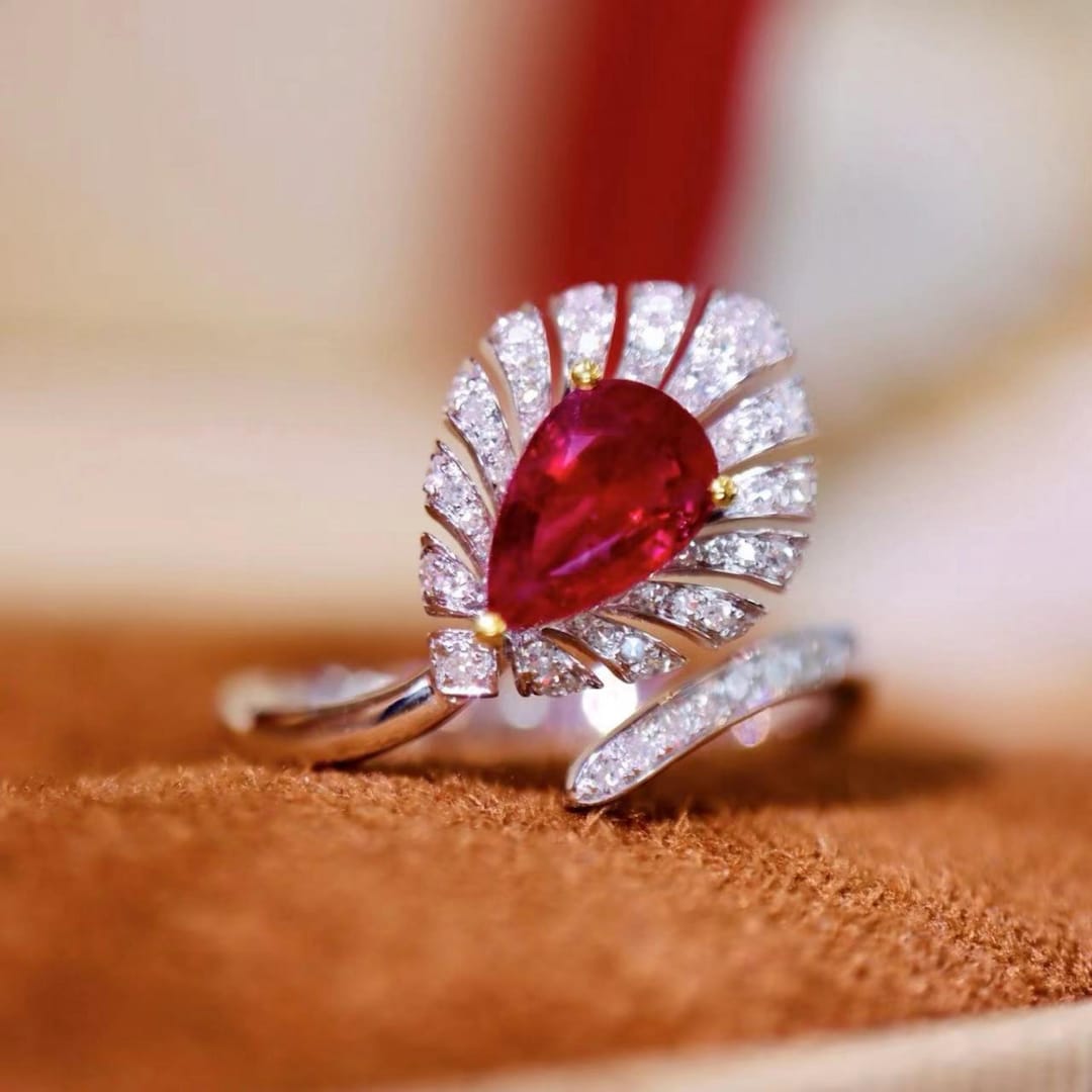 Natural Pear Ruby Ring/18k White Gold Ruby Engagement Ring/halo Ruby ...