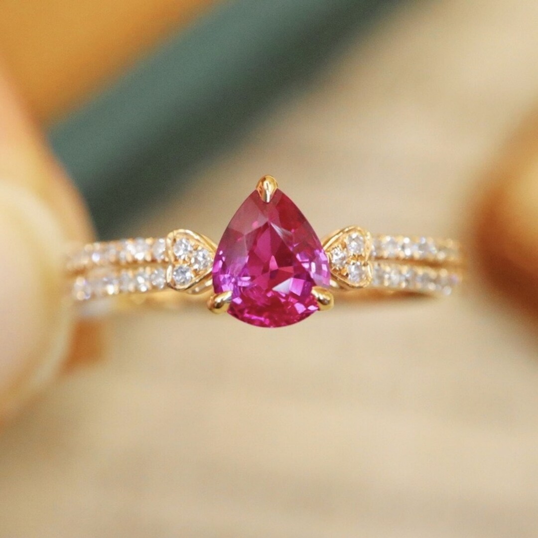Dainty Pinkish Ruby Ring: 18k Yellow Gold, Diamond Band - Etsy