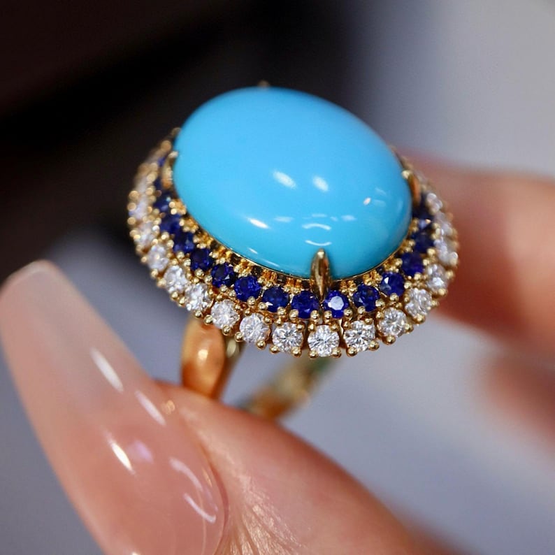 Unique Natural Chunky Turquoise Ring in 18k Solid Gold/diamond Halo ...