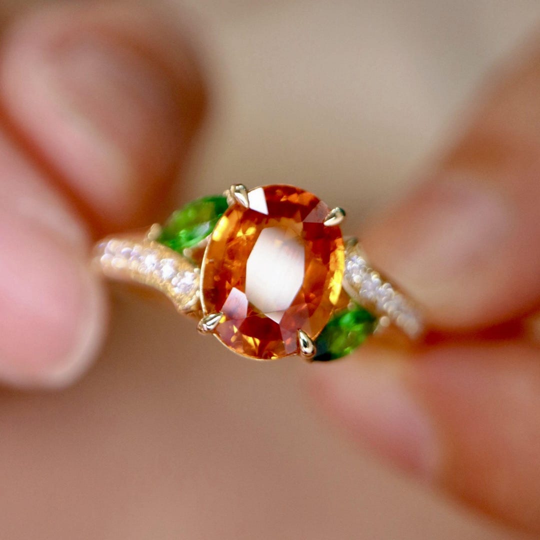 Luxury High End Natural Fanta Garnet Ring With Tsavorites/18k Rose Gold ...