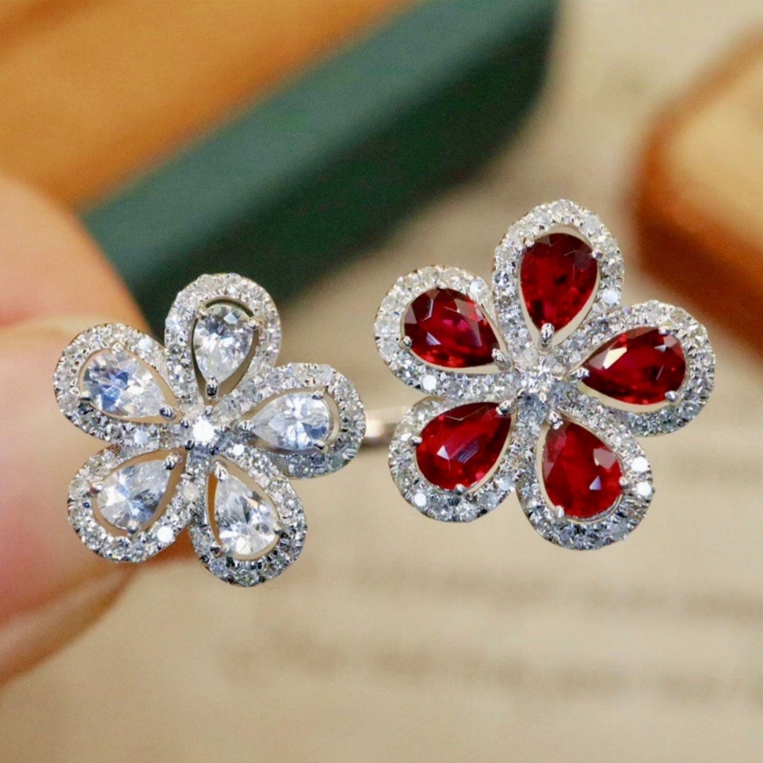 Floral Genuine Ruby Ring With White Sapphire 18k White Gold/unique ...