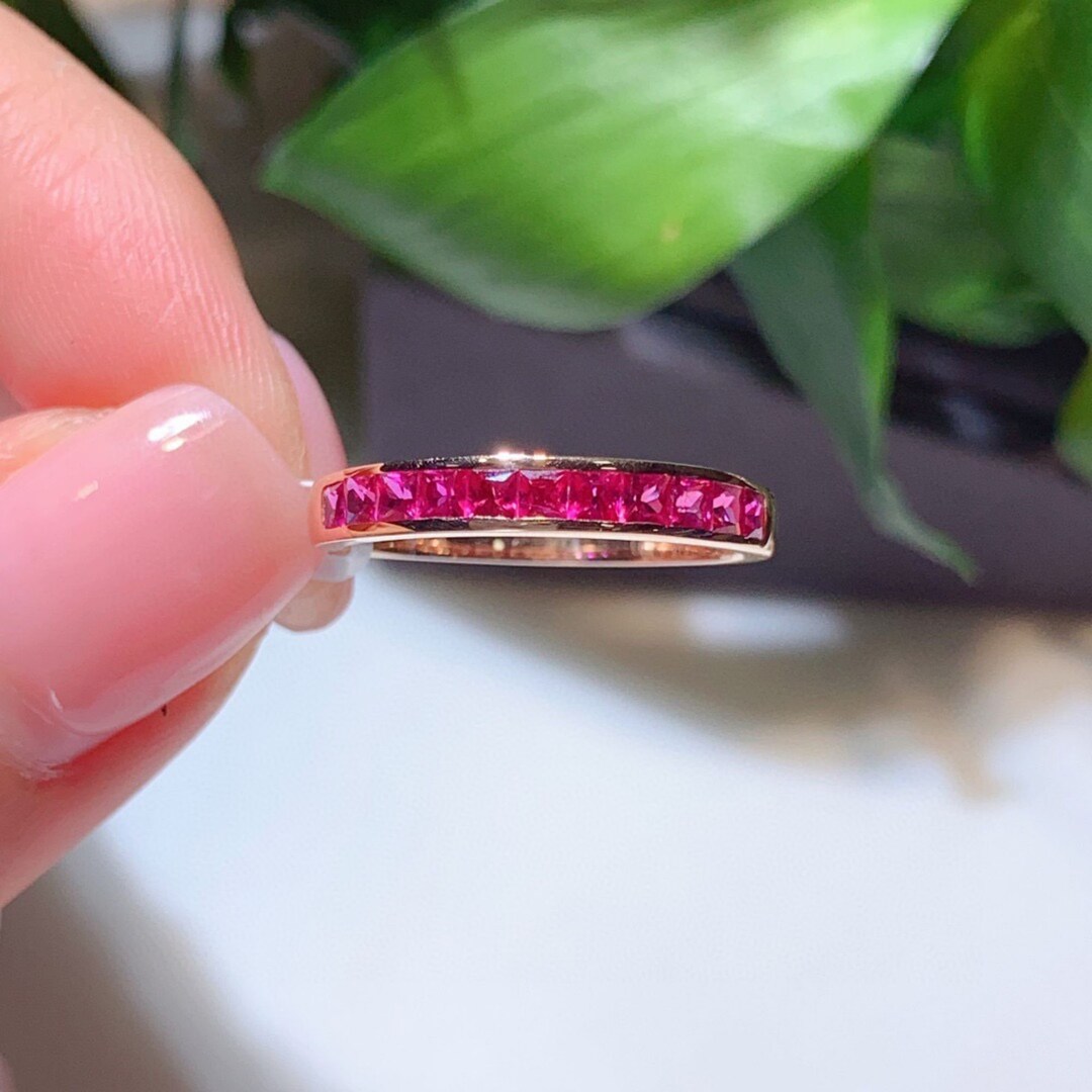 18K Rose Gold Ruby Wedding Band: July Birthstone Ring/dainty Cluster ...