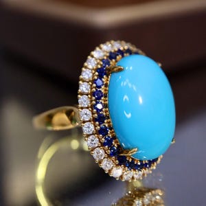 Unique Natural Chunky Turquoise Ring in 18k Solid Gold/diamond Halo ...