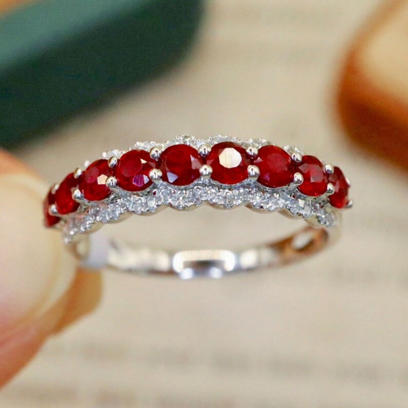 Real Ruby Band, 18K White Gold Genuine Ruby Wedding Ring, Red Gemstone ...