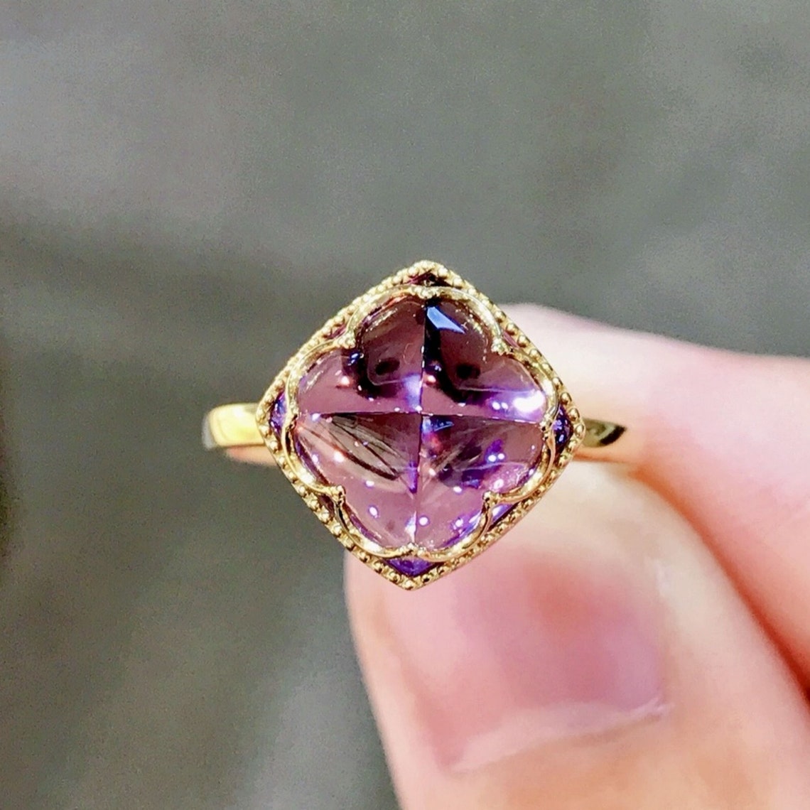 18k Rose Gold Pyramid Amethyst Ring/purple Amethyst Engagement Ring ...