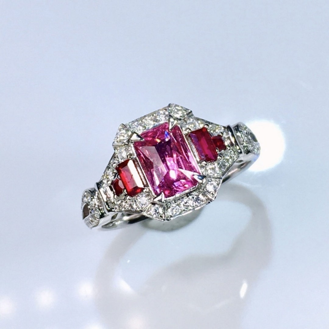 Genuine Sapphire With Ruby Three Stone Ring/18k White Gold Sapphire ...