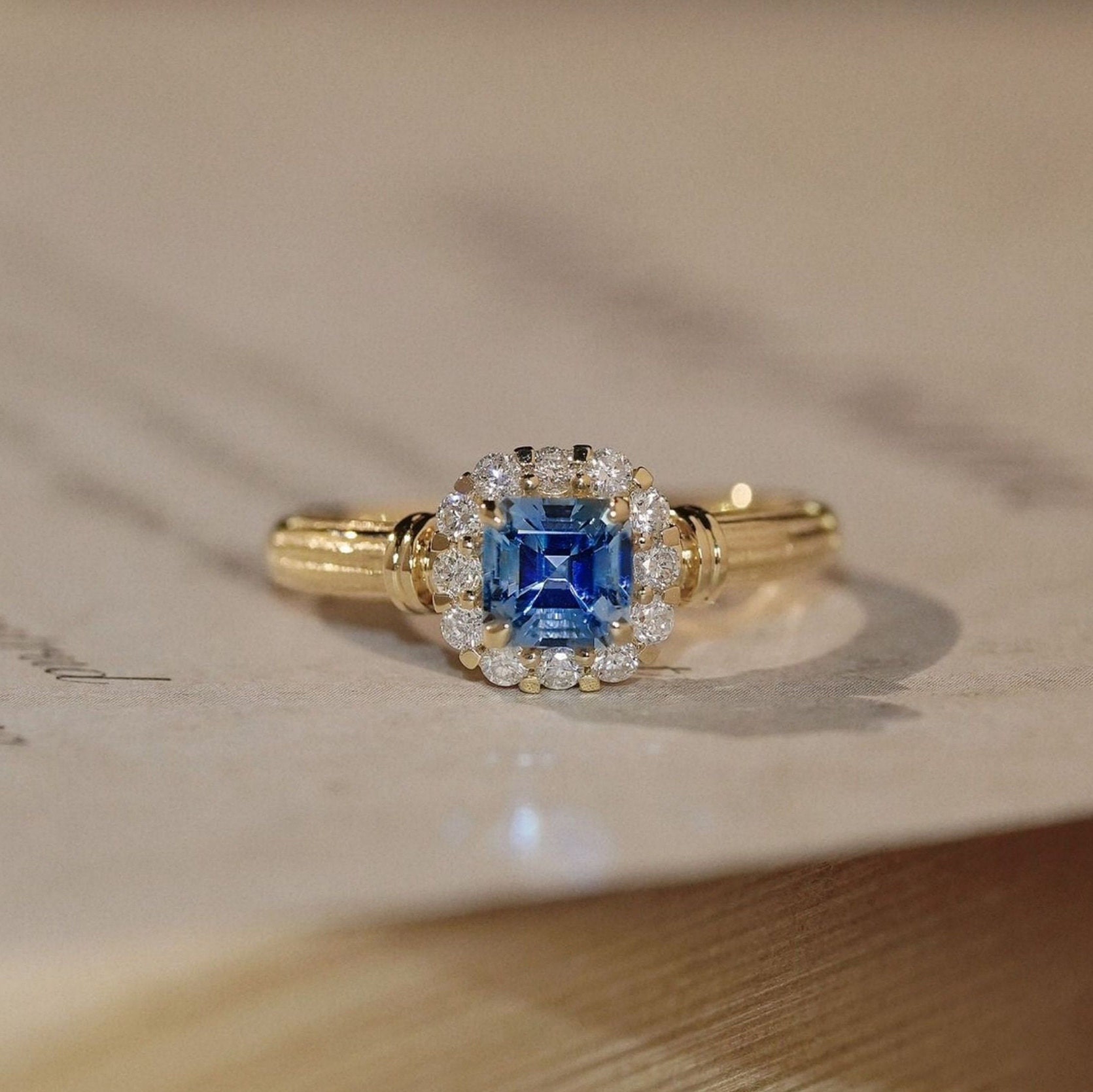 18k Gold Santa Marina Aquamarine Halo Ring: Diamond Art Deco High End ...