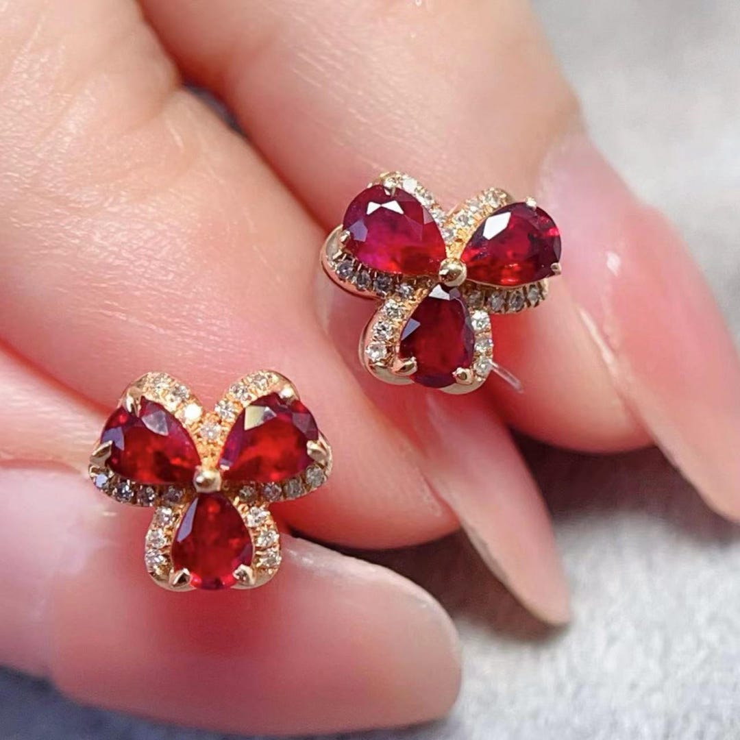 18k White Gold Genuine Pigeon Blood Ruby Stud\unique Heart Ruby Studs ...