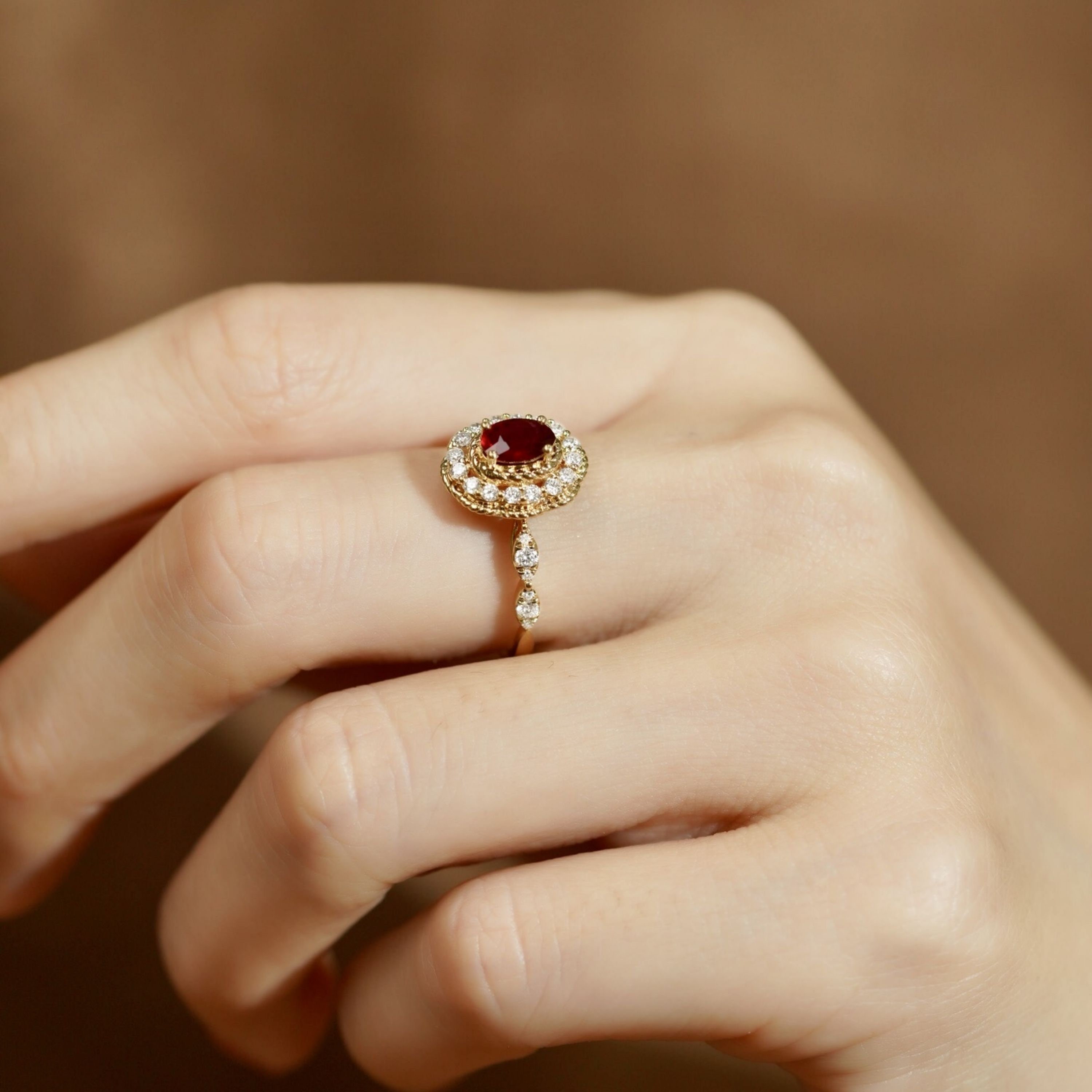 Vintage Pigeon Blood Ruby Ring/18k Rose Gold Ruby Engagement Ring/halo ...