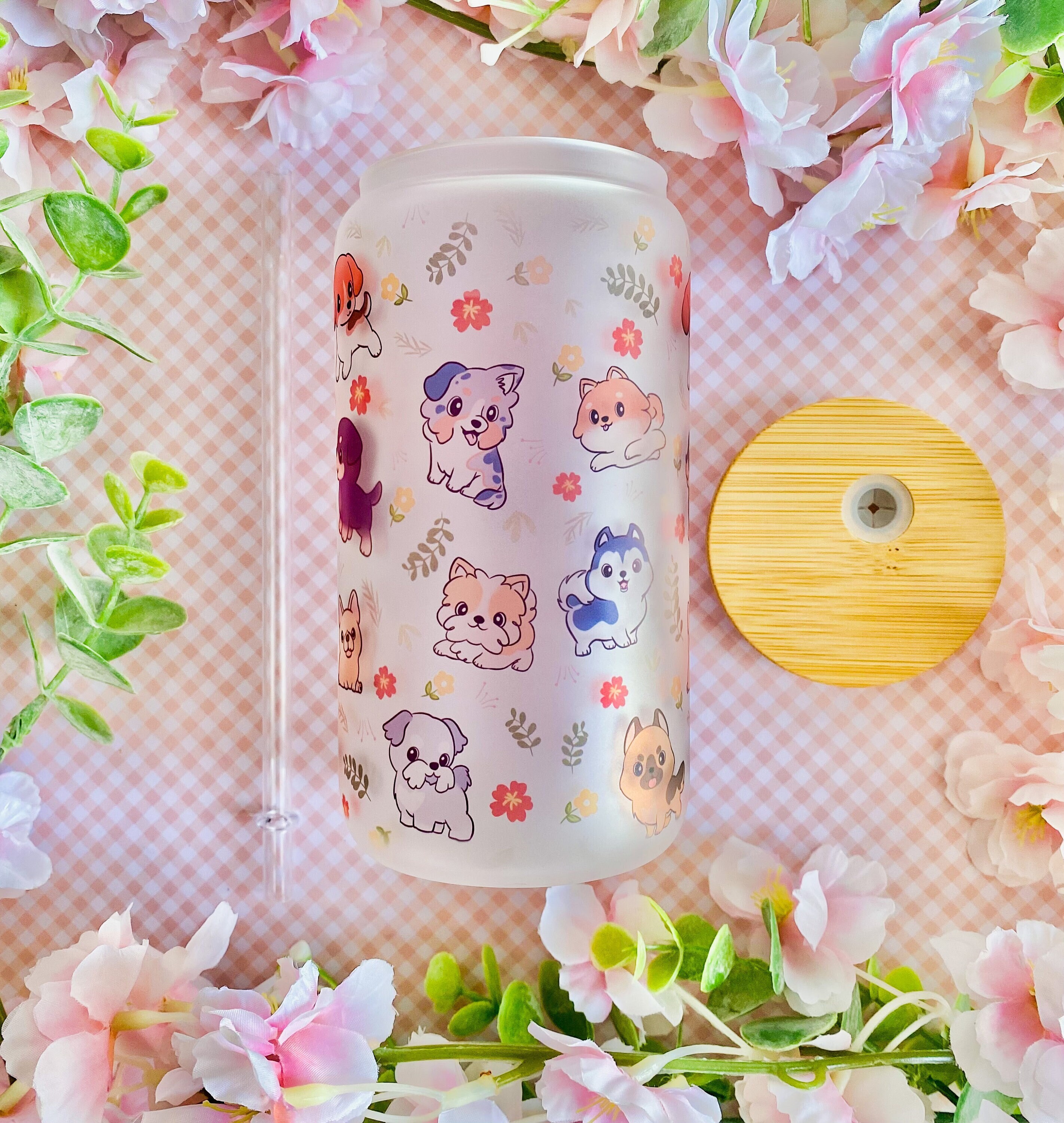 Cute Chibi Dog Puppy 16oz Glass Beer Can Cup With Bamboo Top - Etsy