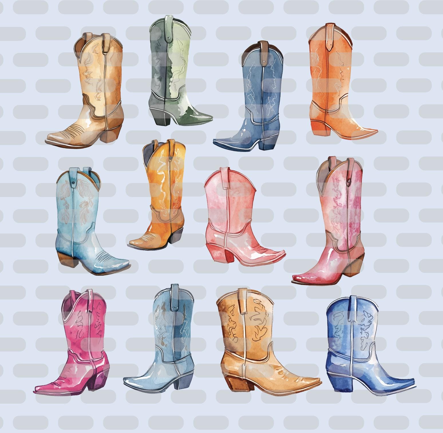 Cowboy Cowgirl Boot Watercolor, Set of 12, Western Watercolor - Etsy