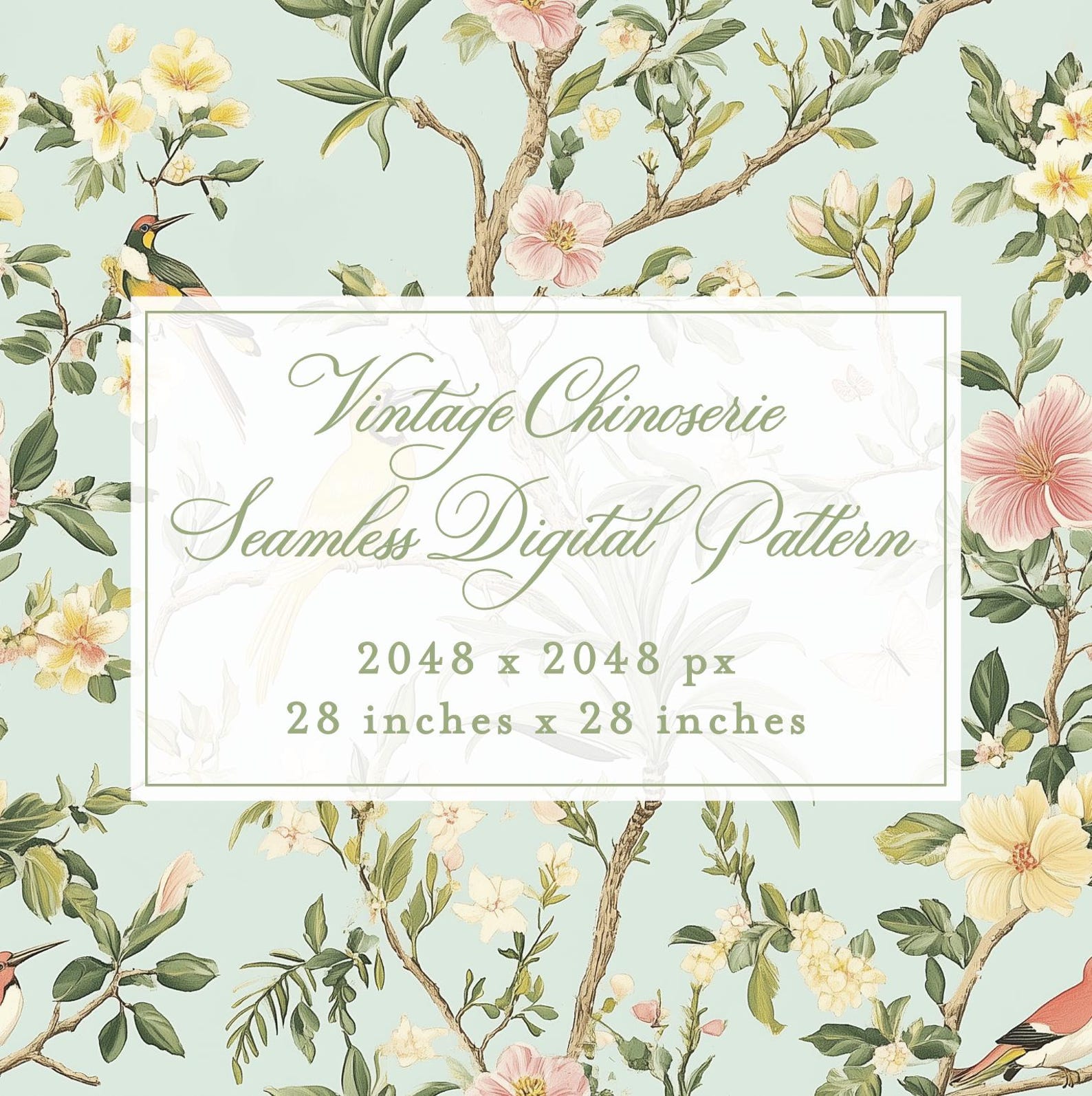 Vintage Chinoiserie Bird Digital Pattern: Seamless Handblock Design ...