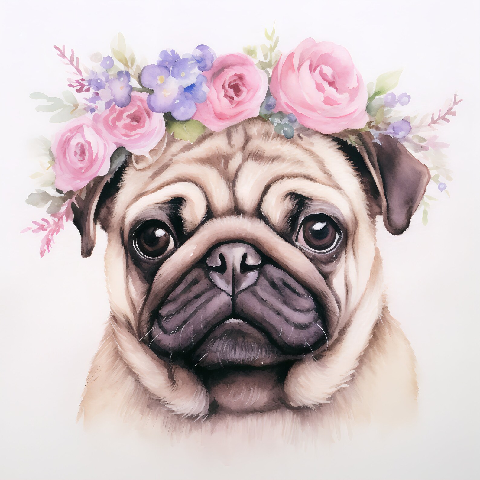 Pug With Flower Crown Watercolour Art Print Instant Download Nursery ...