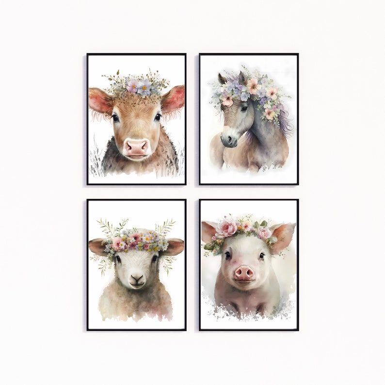 Set of 4 Baby Farm Animals With Flower Crowns, Digital Download, Baby ...